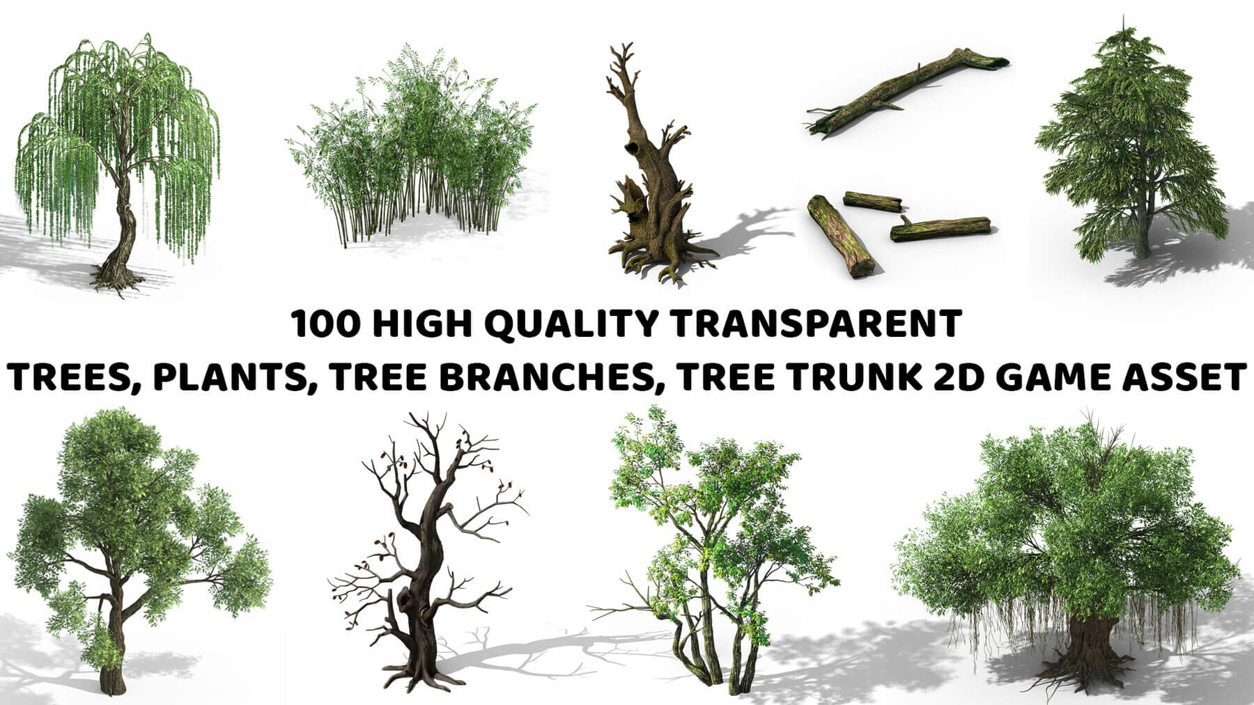 100 Trees Plants Trunk Branches Nature 2D Game Asset by 2dmagicpixel