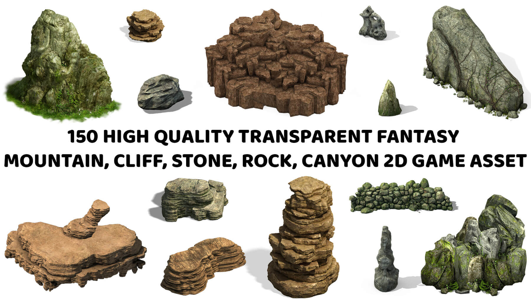 150 Fantasy Mountain Canyon Stone Rock 2D Game Asset by 2dmagicpixel