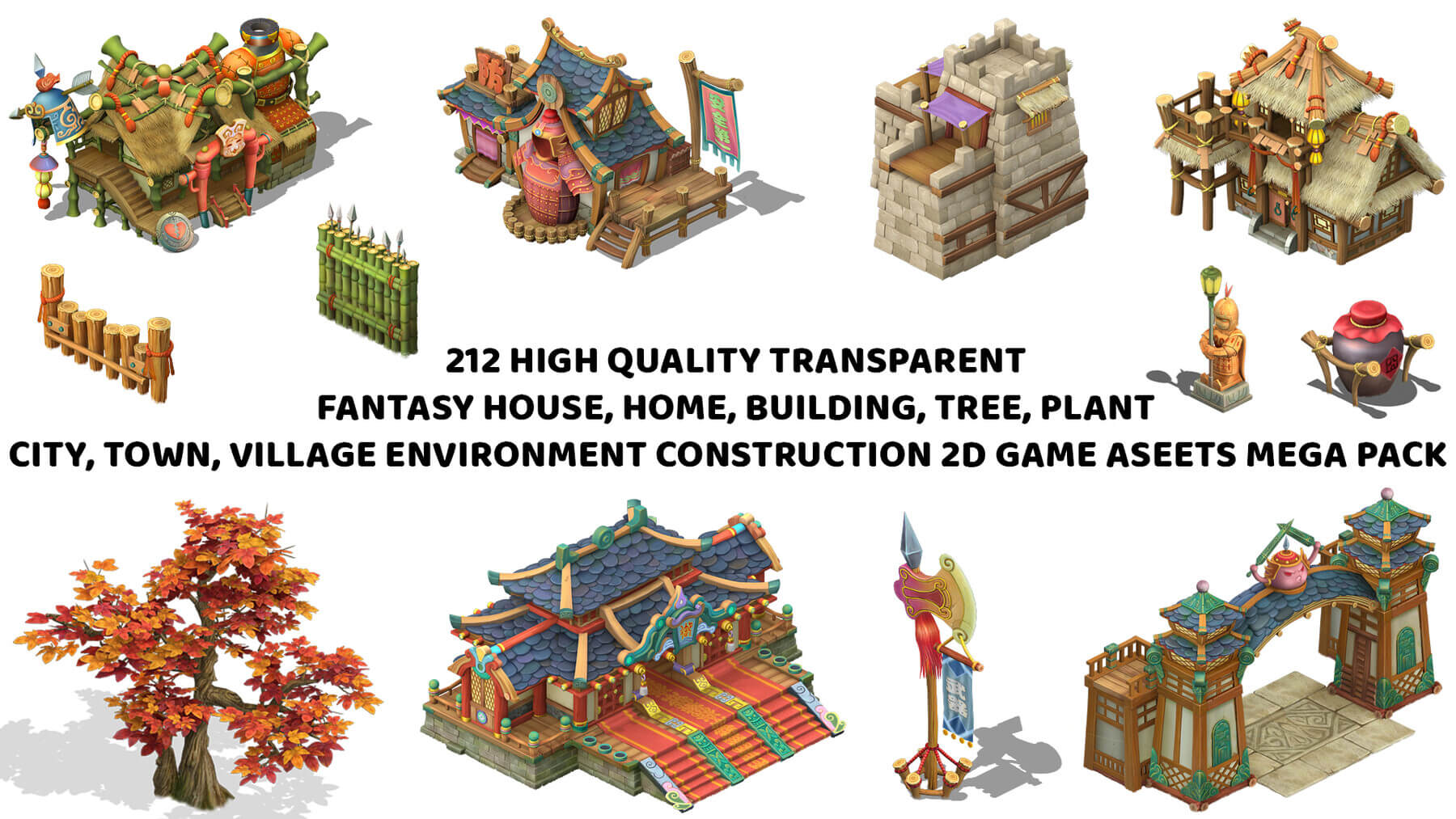 212 Fantasy House Home Building Tree Mega Pack 2D Asset by 2dmagicpixel