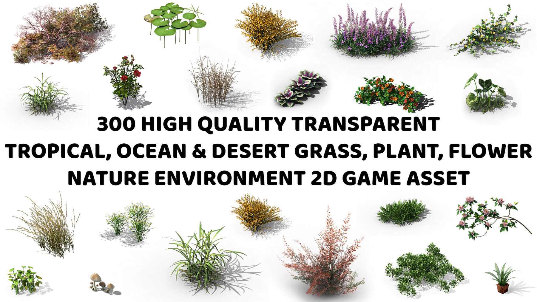 300 Tropical Ocean & Desert Grass Plant Flower 2D Game A by 2dmagicpixel