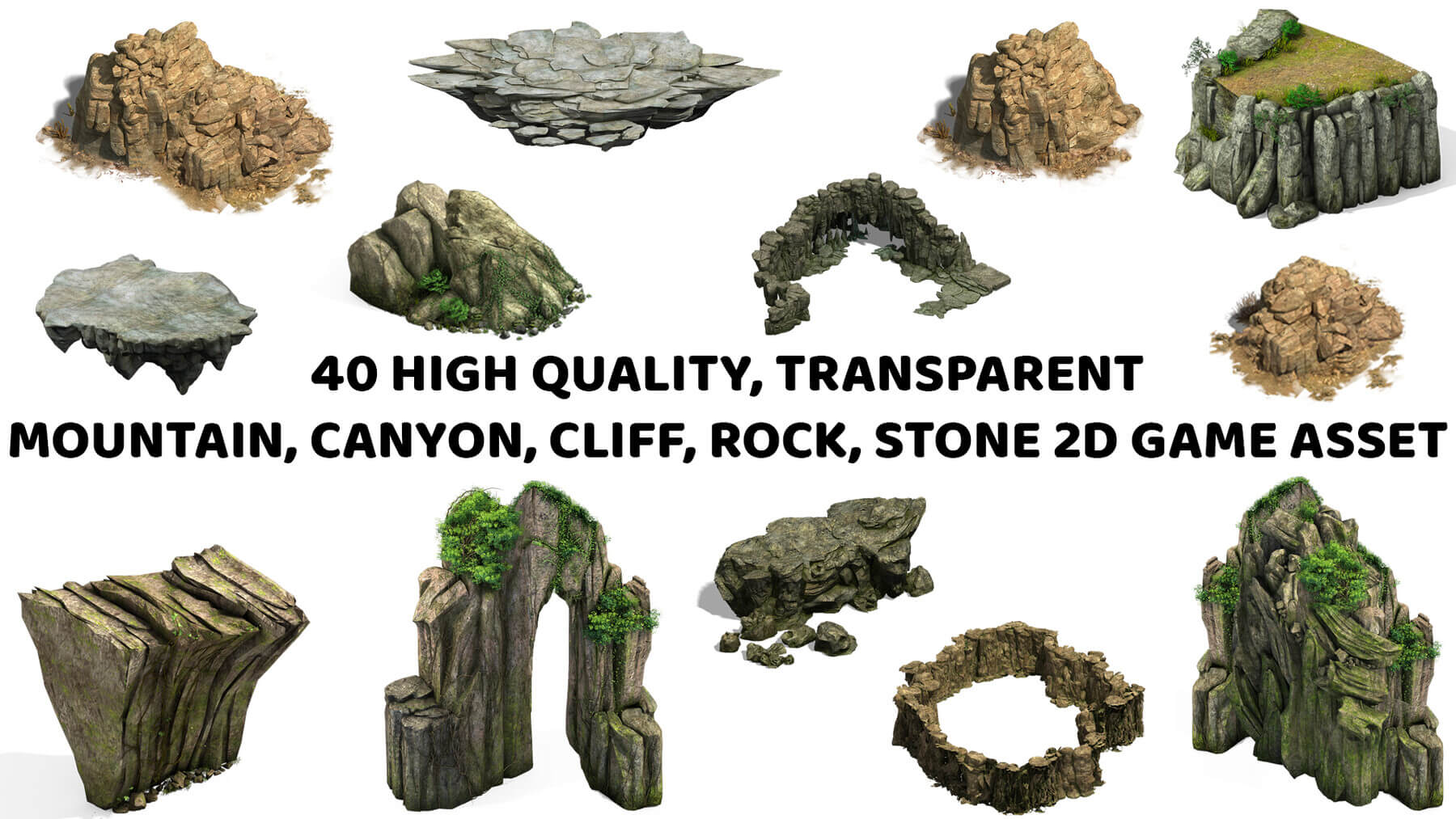 40 Mountain Canyon Cliff Terrain Rock Stone 2D Game Asset by 2dmagicpixel