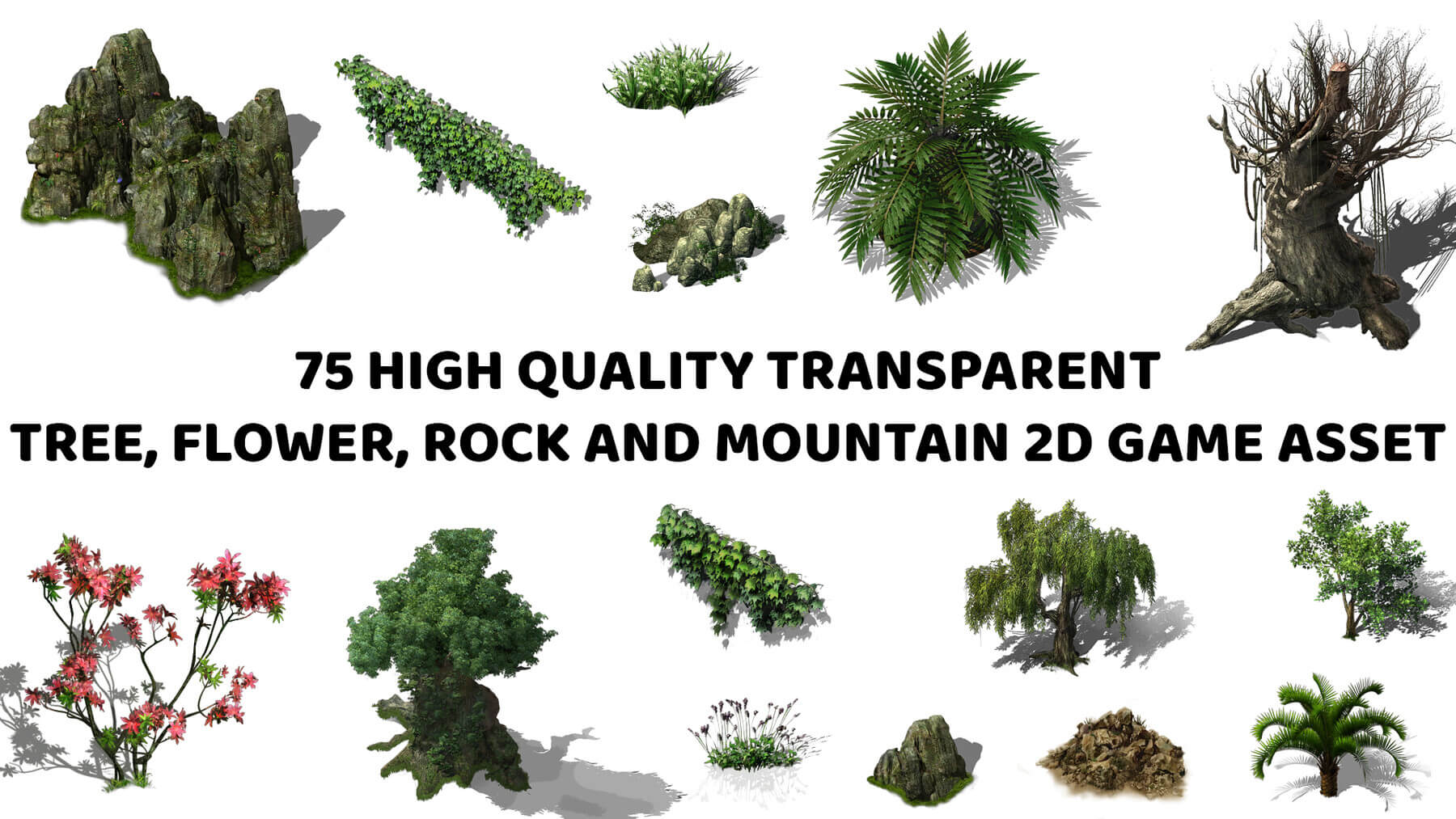 75 Trees Flowers Rocks and Mountains 2D Game Asset by 2dmagicpixel