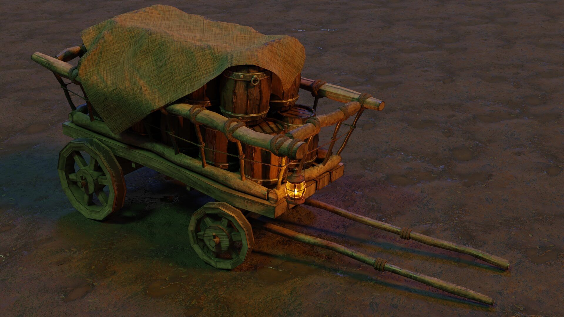 Stylized Medieval Cart With a Lamp and Barrels of Linen - 3D Model by ...