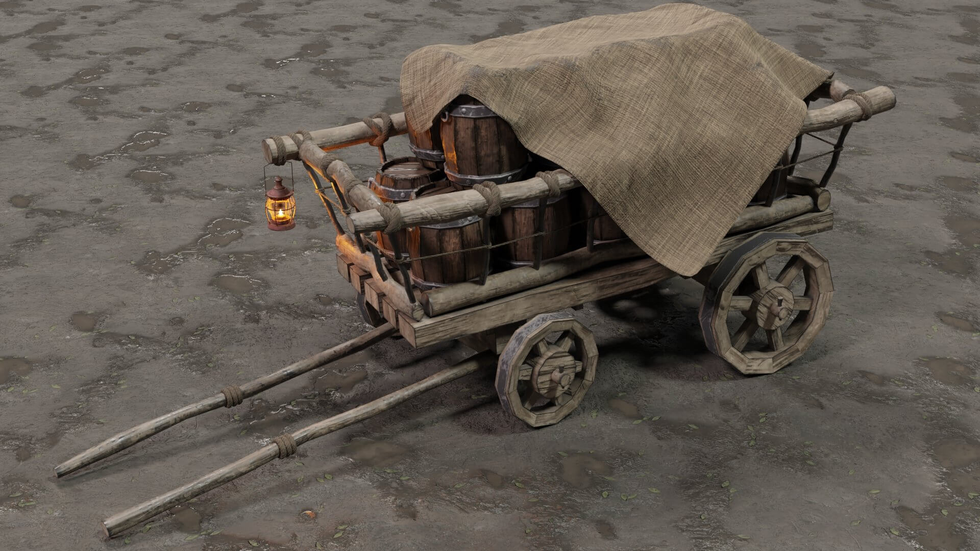 Stylized Medieval Cart With a Lamp and Barrels of Linen - 3D Model by ...