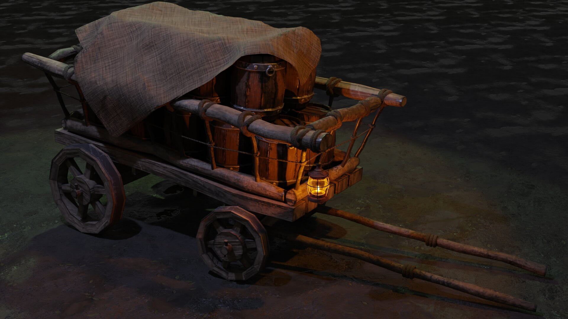 Stylized Medieval Cart With a Lamp and Barrels of Linen - 3D Model by ...