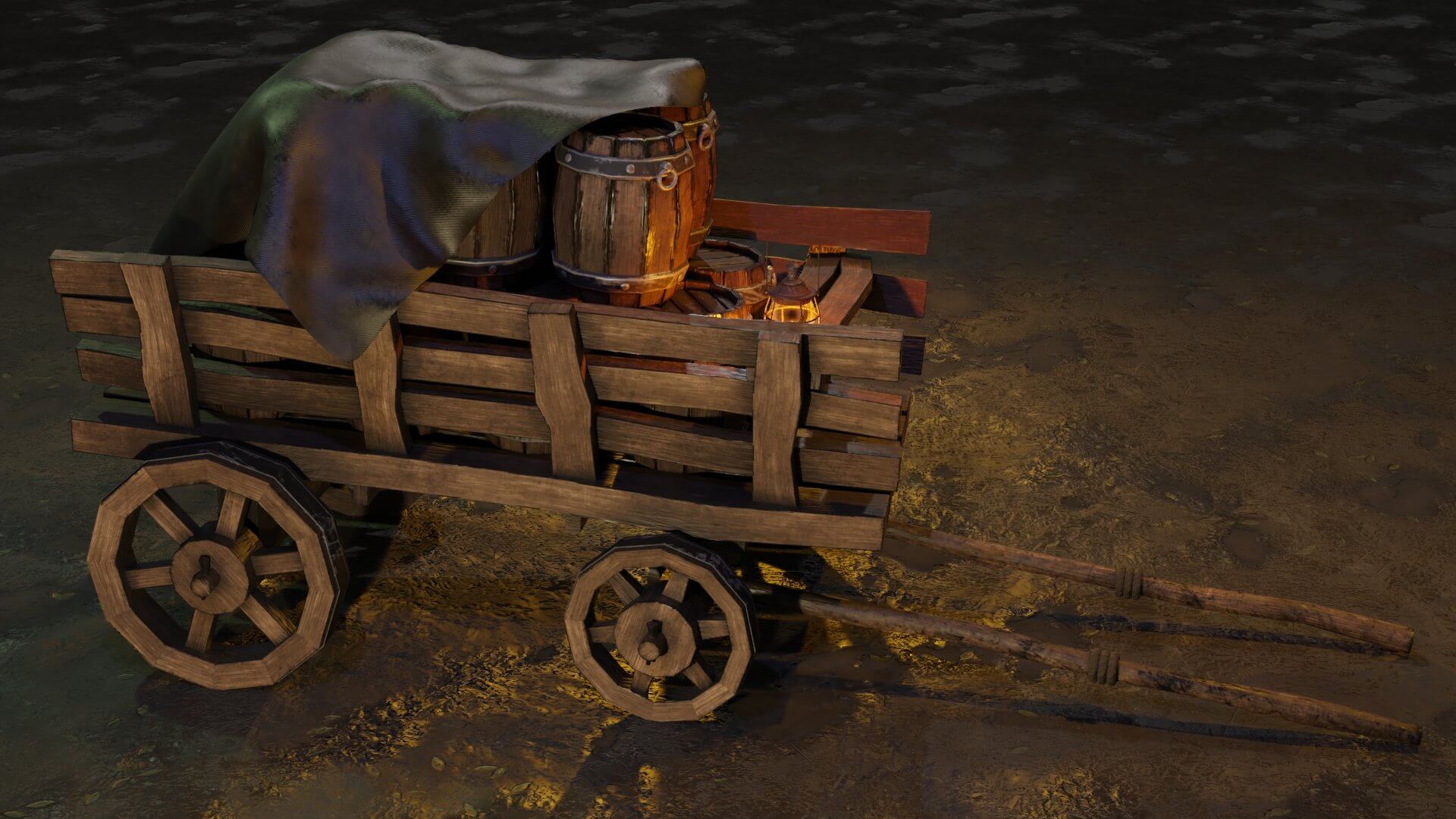 Stylized Medieval Cart with a Lamp and Barrels - 3D Model by 3D_Kod