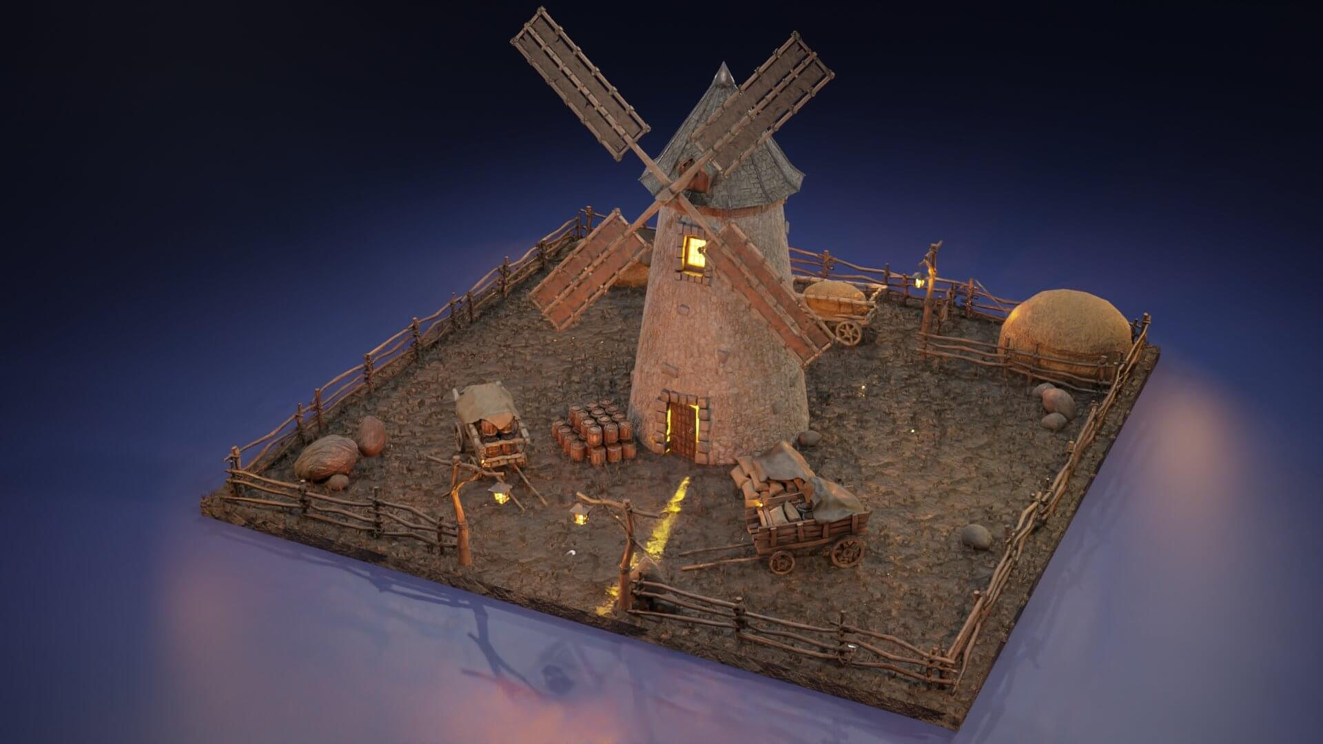 Stylized Medieval Scene of a Mill with Props - 3D Model by 3D_Kod