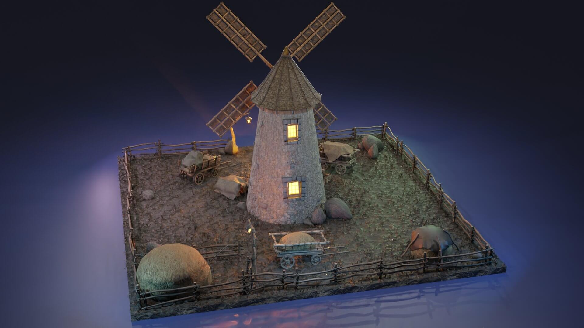 Stylized Medieval Scene of a Mill with Props - 3D Model by 3D_Kod