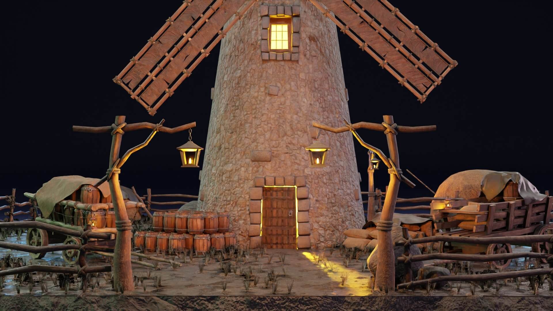 Stylized Medieval Scene of a Mill with Props - 3D Model by 3D_Kod
