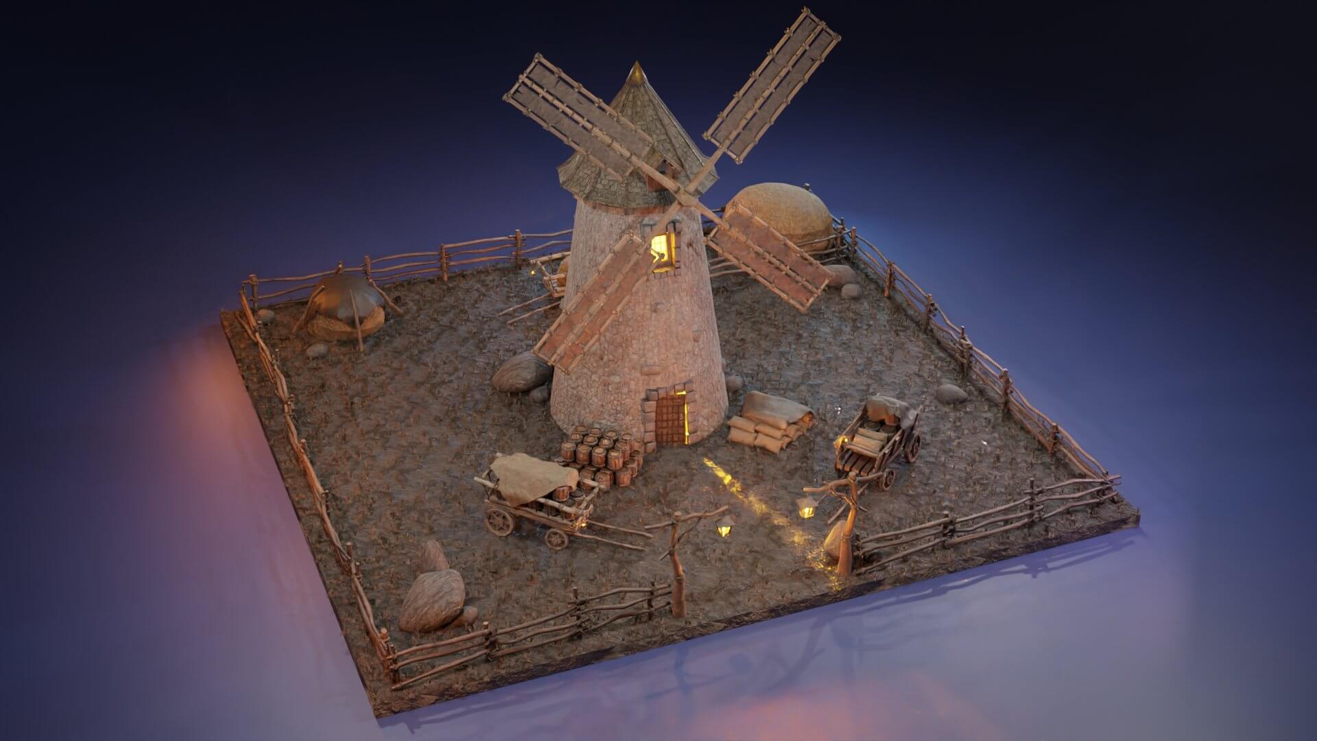 Stylized Medieval Scene of a Mill with Props - 3D Model by 3D_Kod