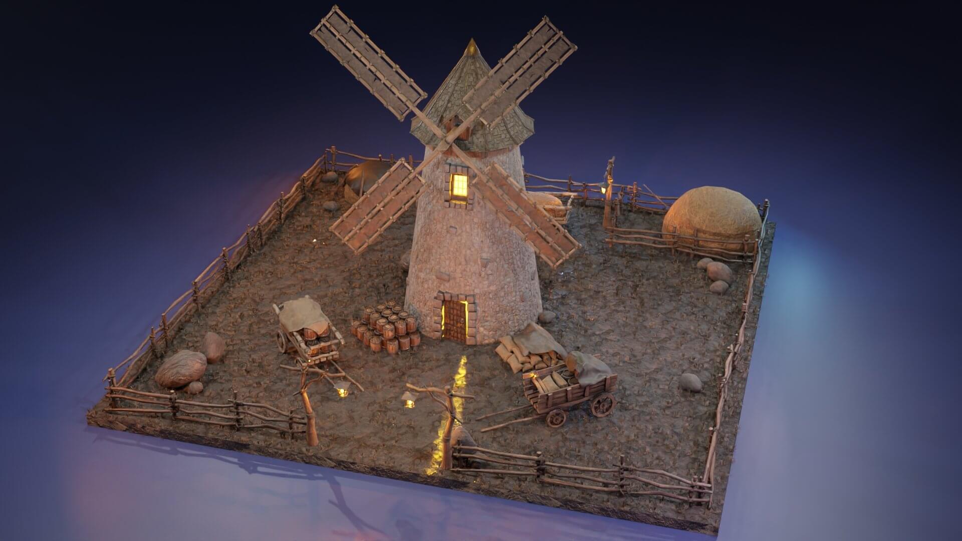 Stylized Medieval Scene of a Mill with Props - 3D Model by 3D_Kod