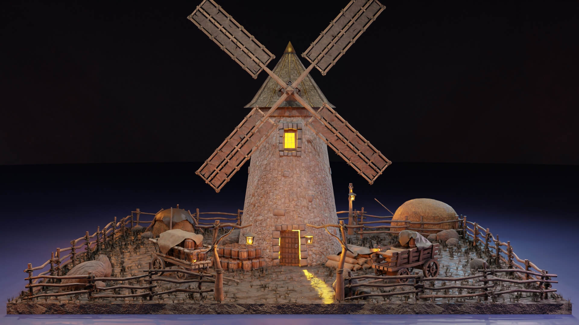 Animated stylized medieval scene of a mill with props 3D Render