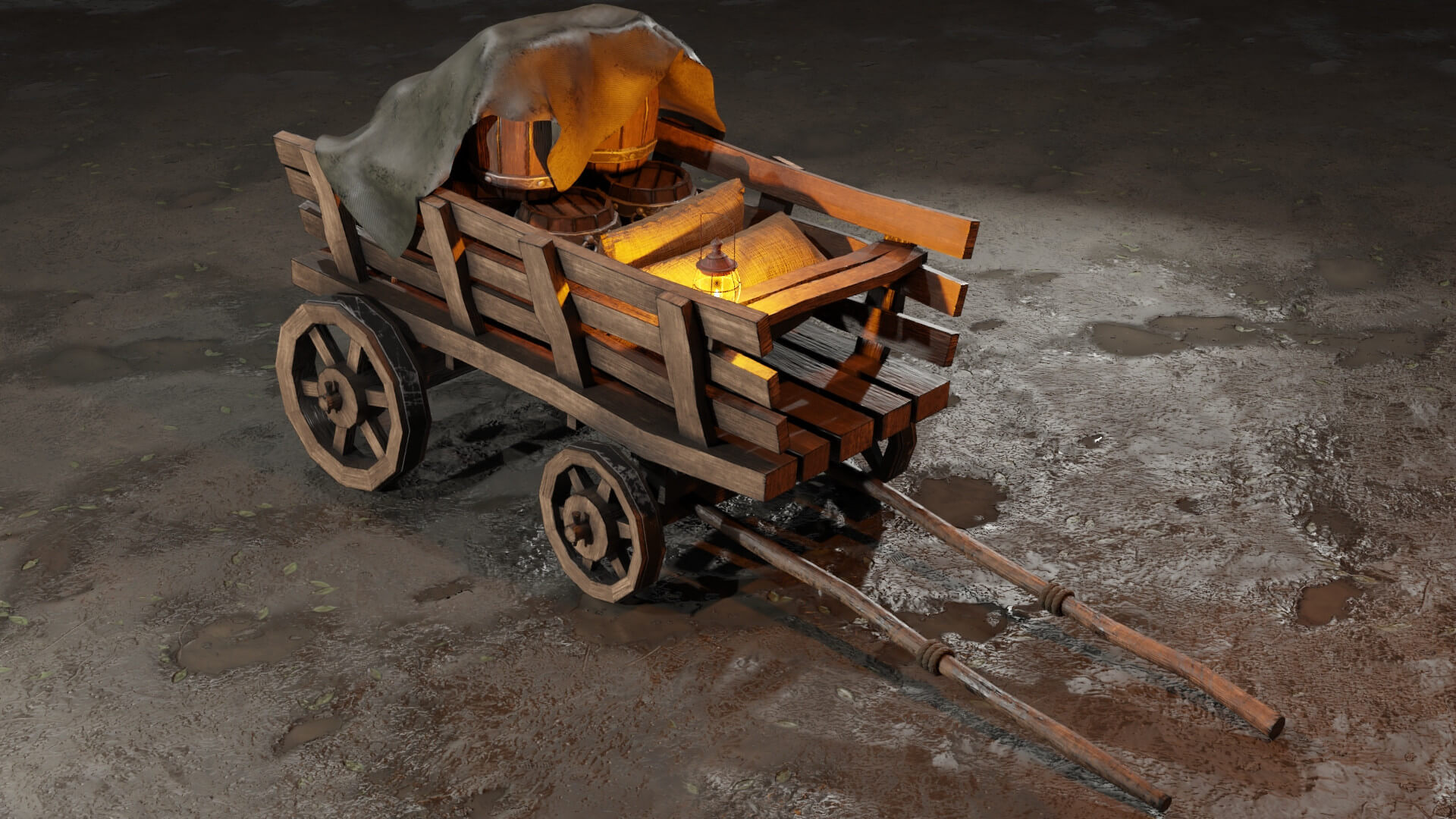 Stylized medieval cart with a lamp and a load 3D Render by 3D_Kod