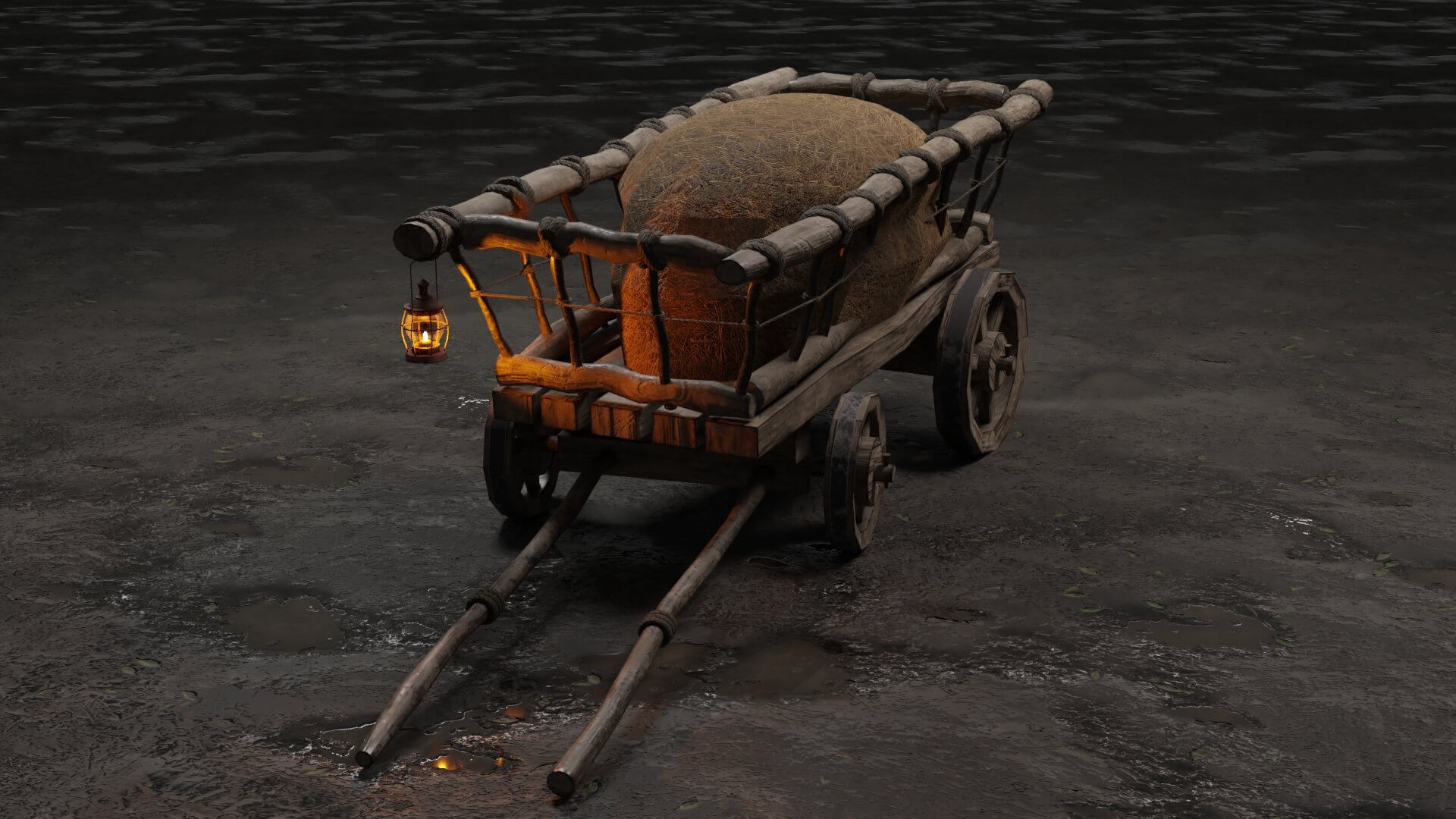 Stylized Medieval Cart with a Lamp and Hay - 3D Model by 3D_Kod