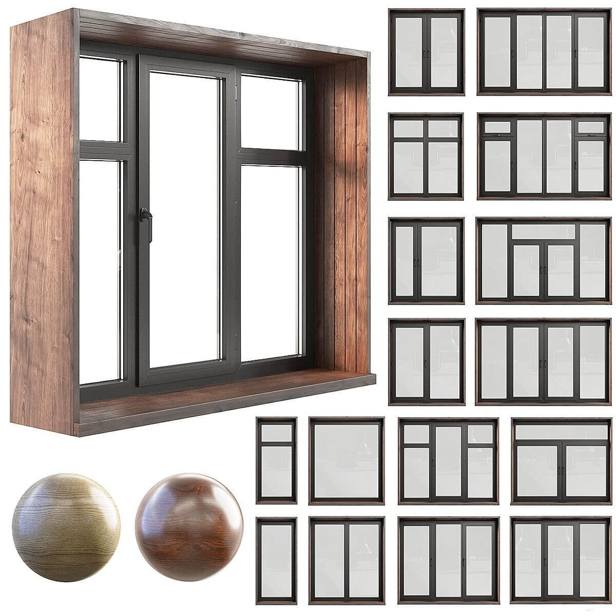 A Set of Plastic Windows With Wooden Trim - 3D Model by 3d skay blue
