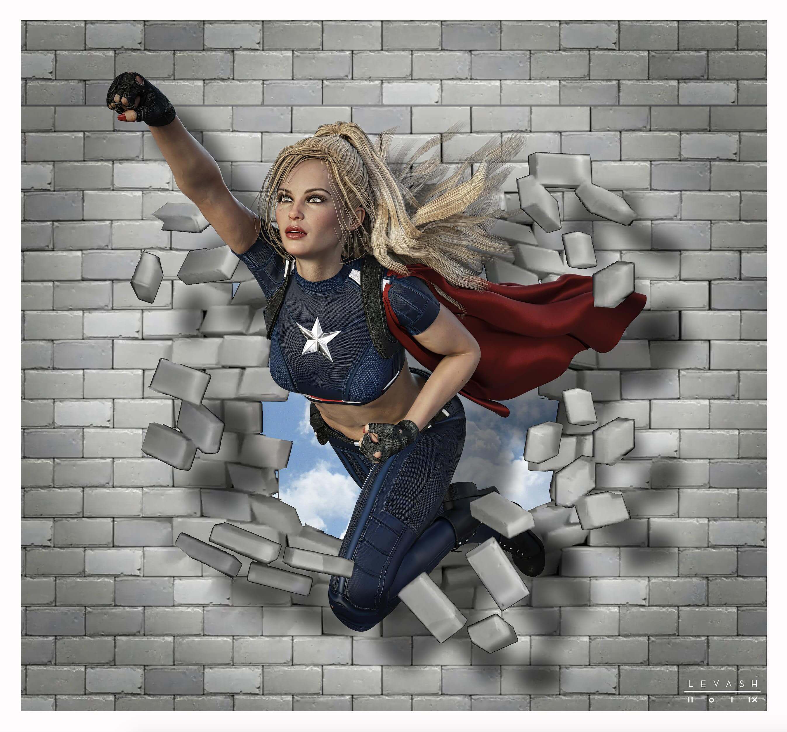 BLONDE SUPERHERO BREAKING THROUGH 3D Render by 3D4U2C