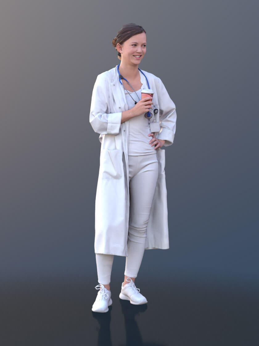 Nadin 10467 - Female Doctor Standing With Coffee To Go 3D Model by 3dpeople