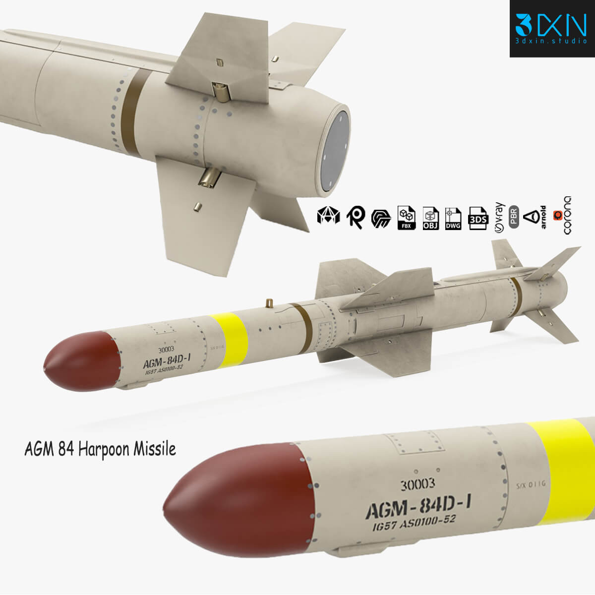 AGM 84 Harpoon Missile 3D Render, Digital Art by 3dxin