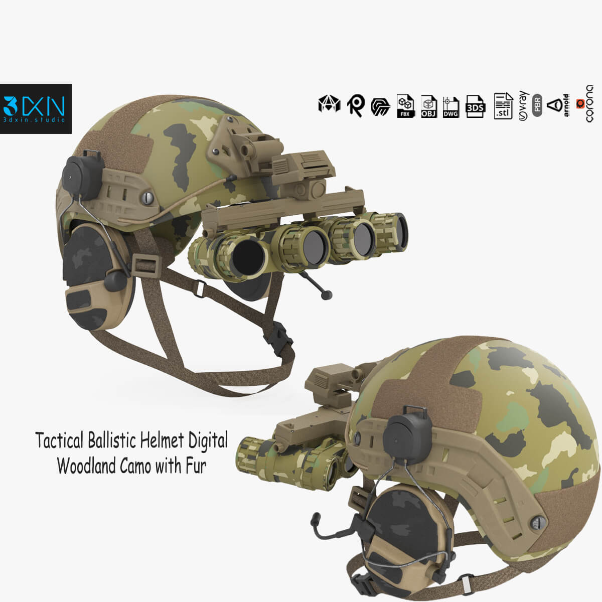 Tactical Ballistic Helmet Digital Woodland Camo With Fur - 3D Model by ...