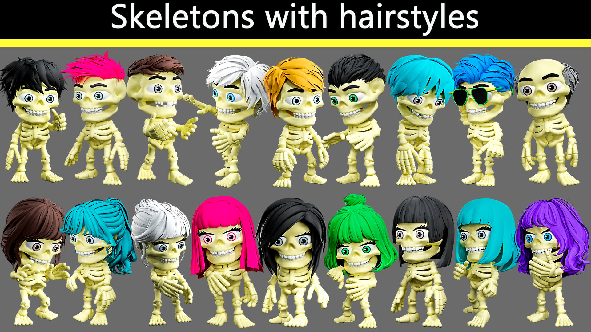 Skeletons With Hairstyles - 3D Model by 7ka