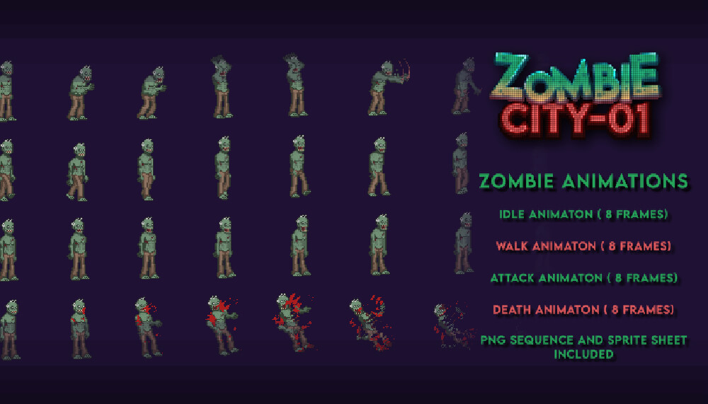 Pixel Art Zombie City 01 - 2D Game Asset by Acasas