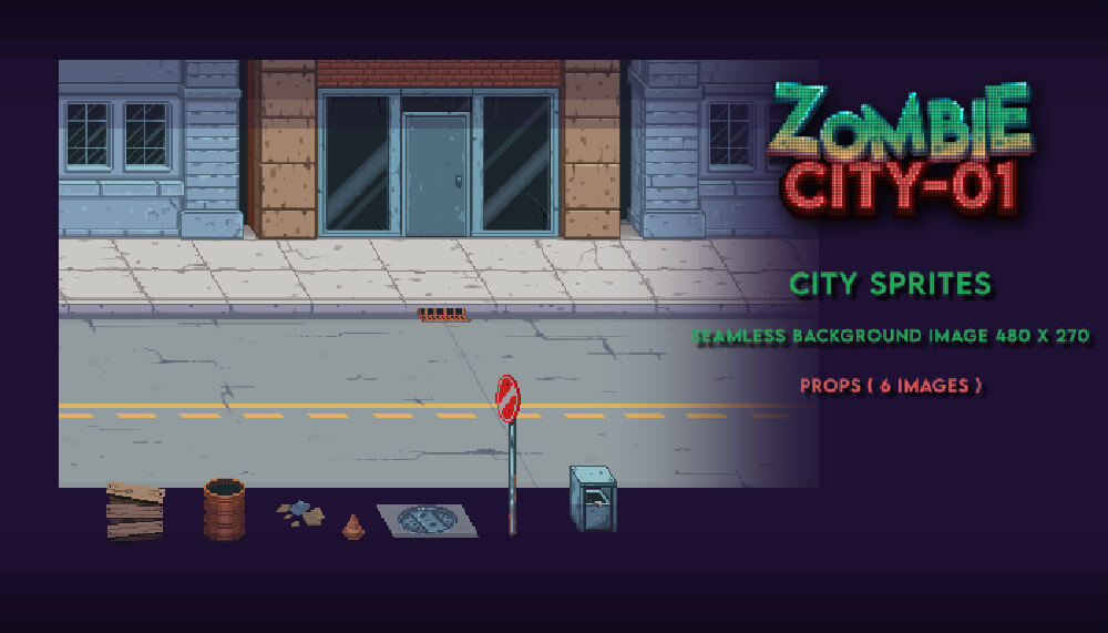 Pixel Art Zombie City 01 - 2D Game Asset by Acasas