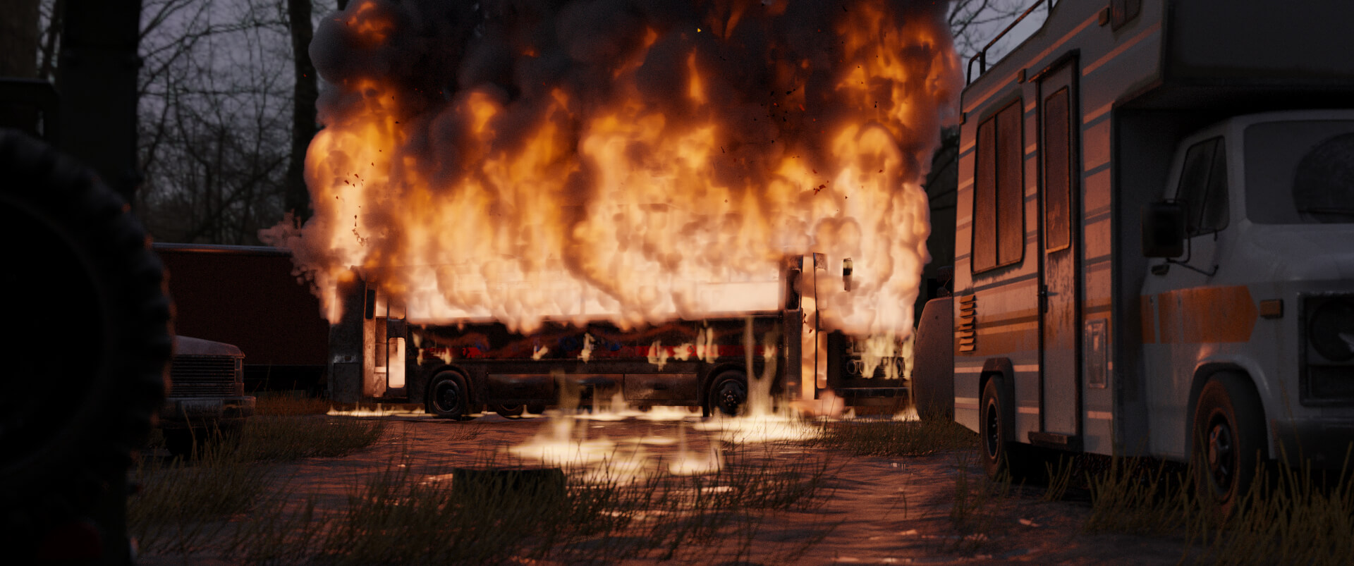 Burning Bus 3D Render, Digital Art by ahko3d