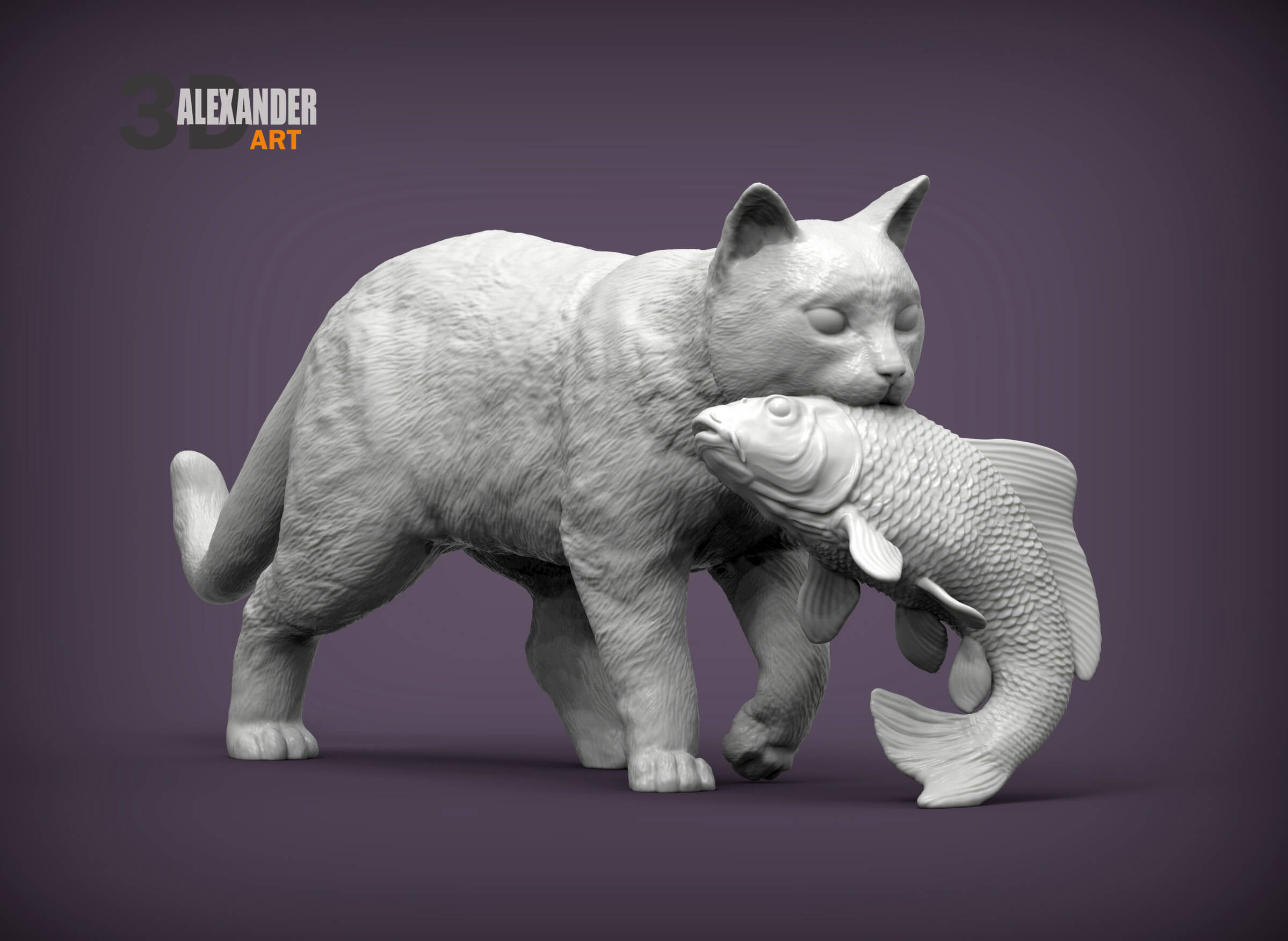 Cat With Fish 3D Print Model by Alexander3dart