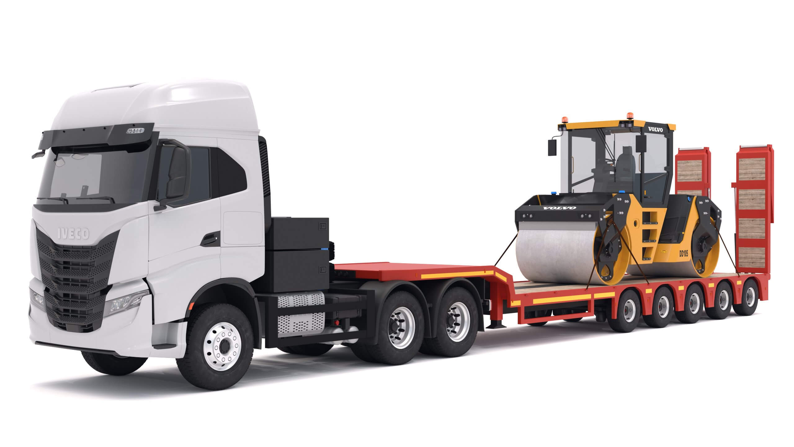 Iveco S-Way Tractor and Lowboy Trailer With Volvo DD105 3D Model by ...