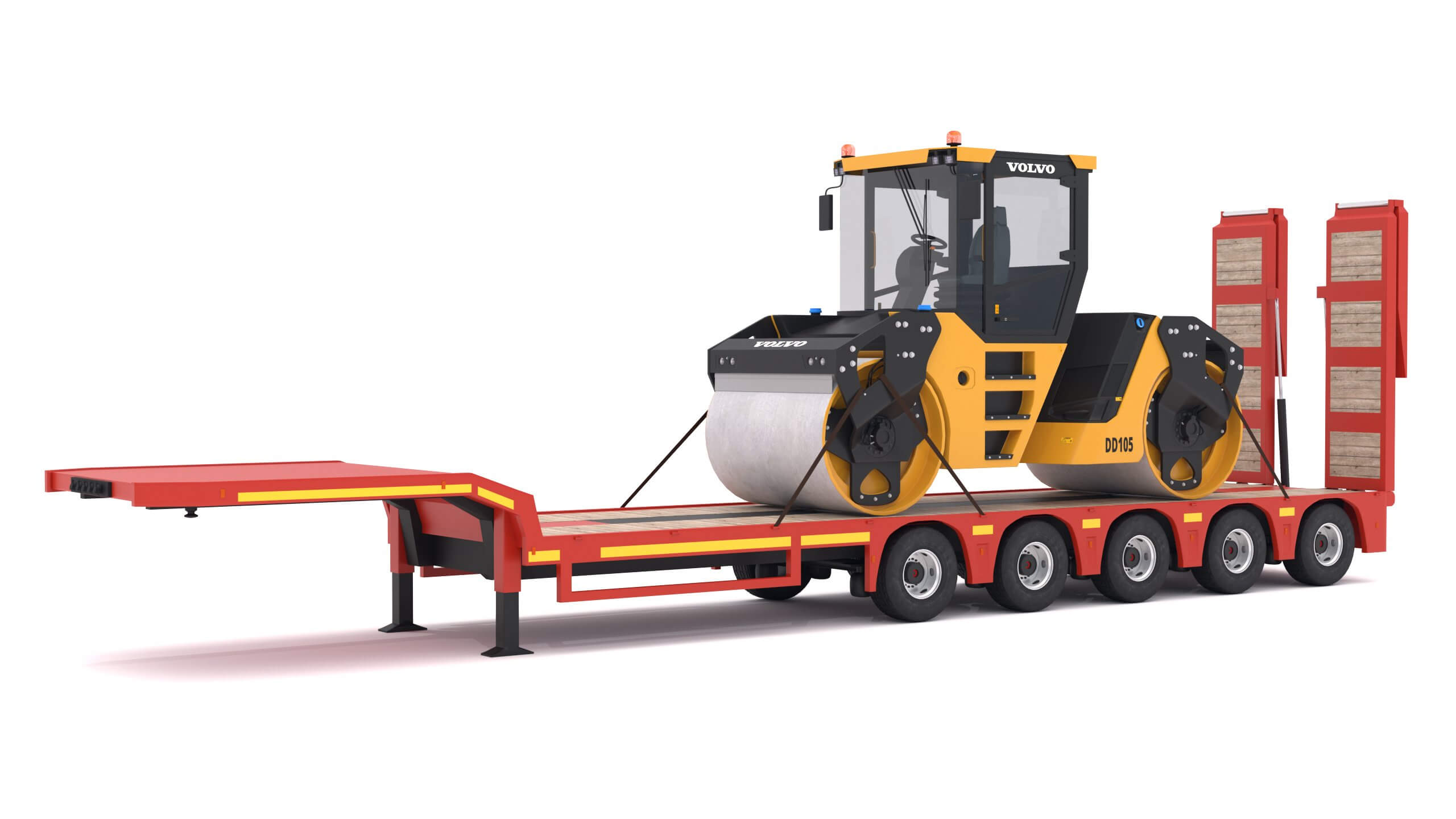 Lowboy Trailer With Volvo DD105 Road Roller Compactor - 3D Model by ...