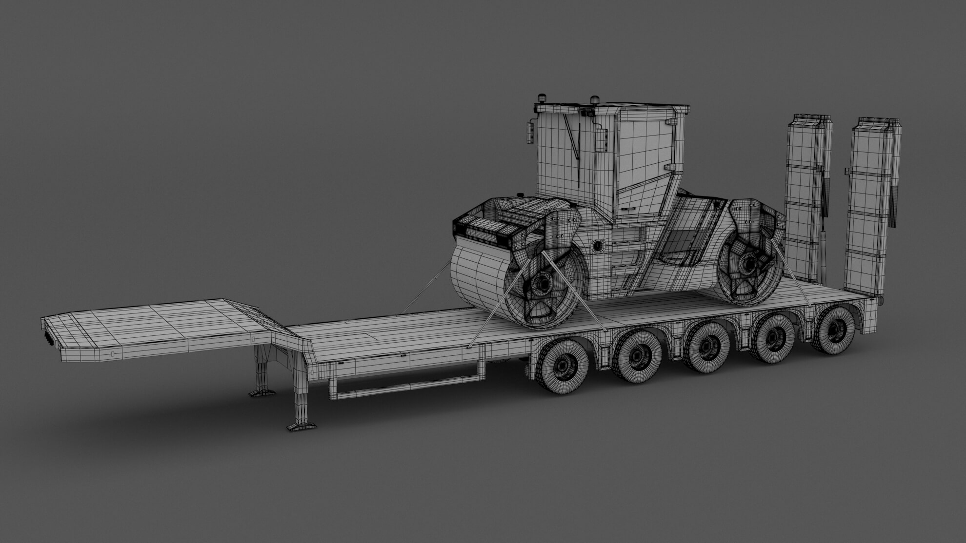 Lowboy Trailer With Volvo DD105 Road Roller Compactor - 3D Model by ...