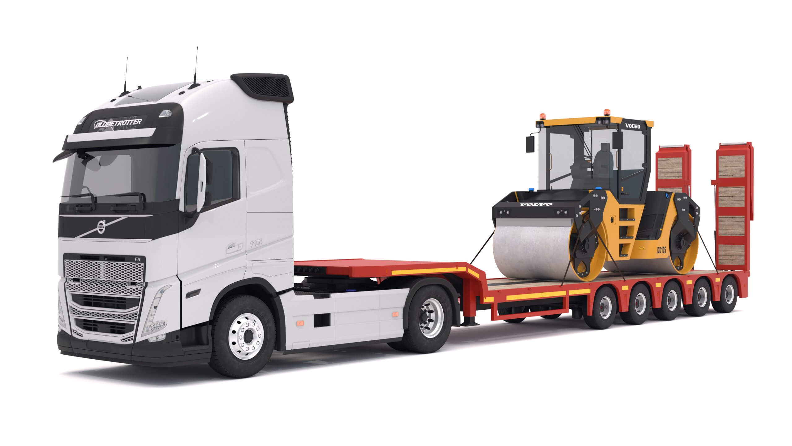 Volvo FH16 2021 and Lowboy Trailer With Volvo DD105 Roller - 3D Model by ALPHA3DST
