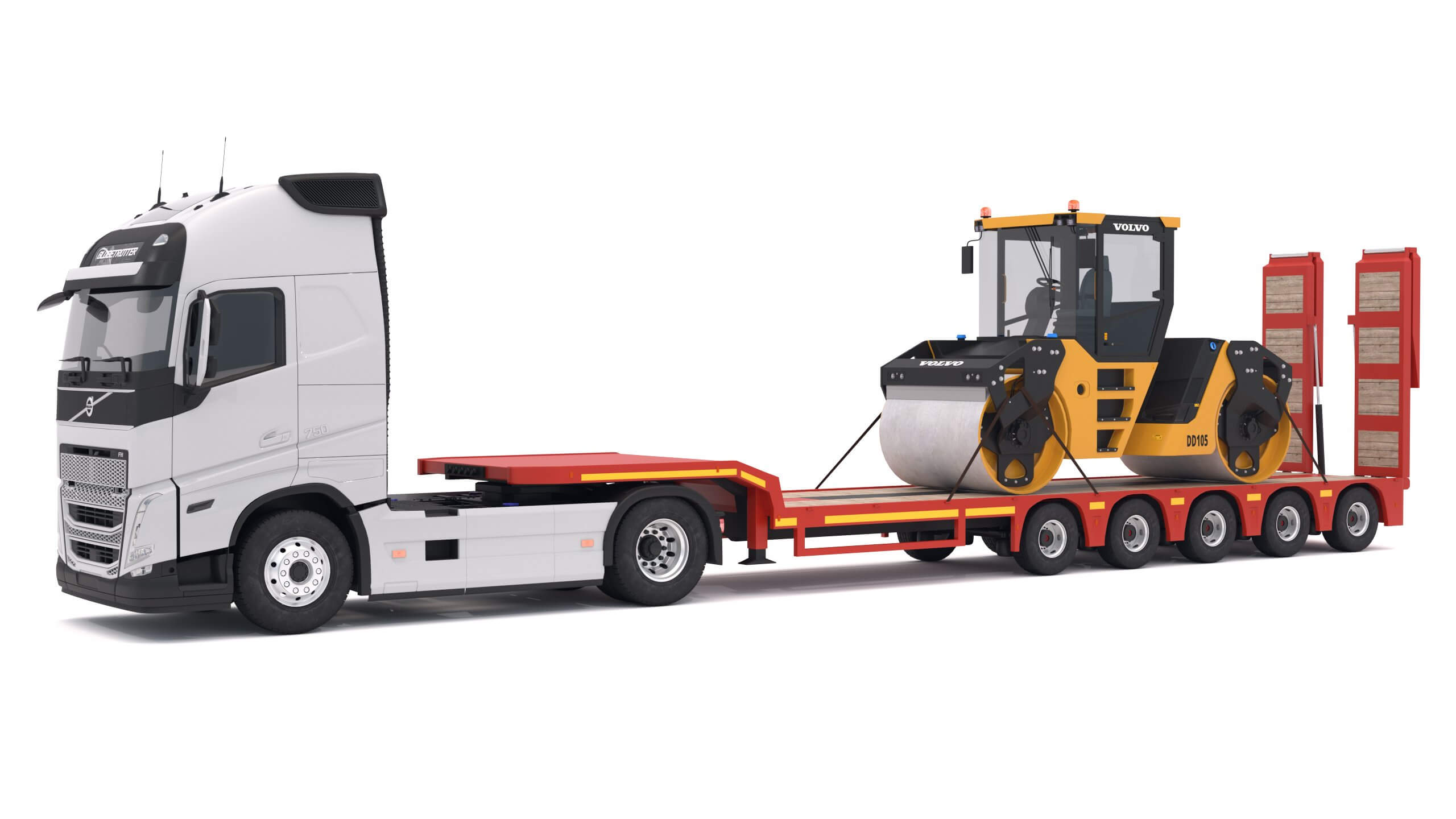 Volvo FH16 2021 and Lowboy Trailer With Volvo DD105 Roller - 3D Model by ALPHA3DST