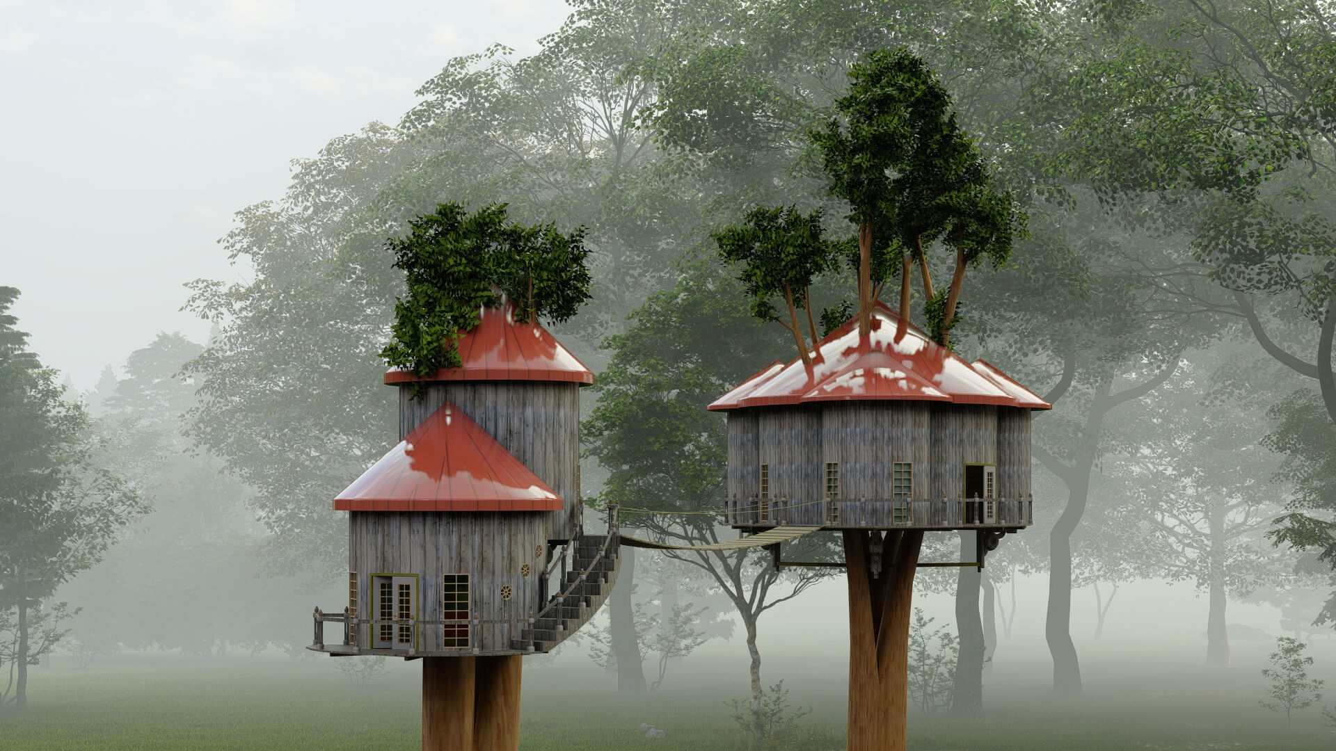 Treehouse With Bridge - 3D Model by AlphaGroup