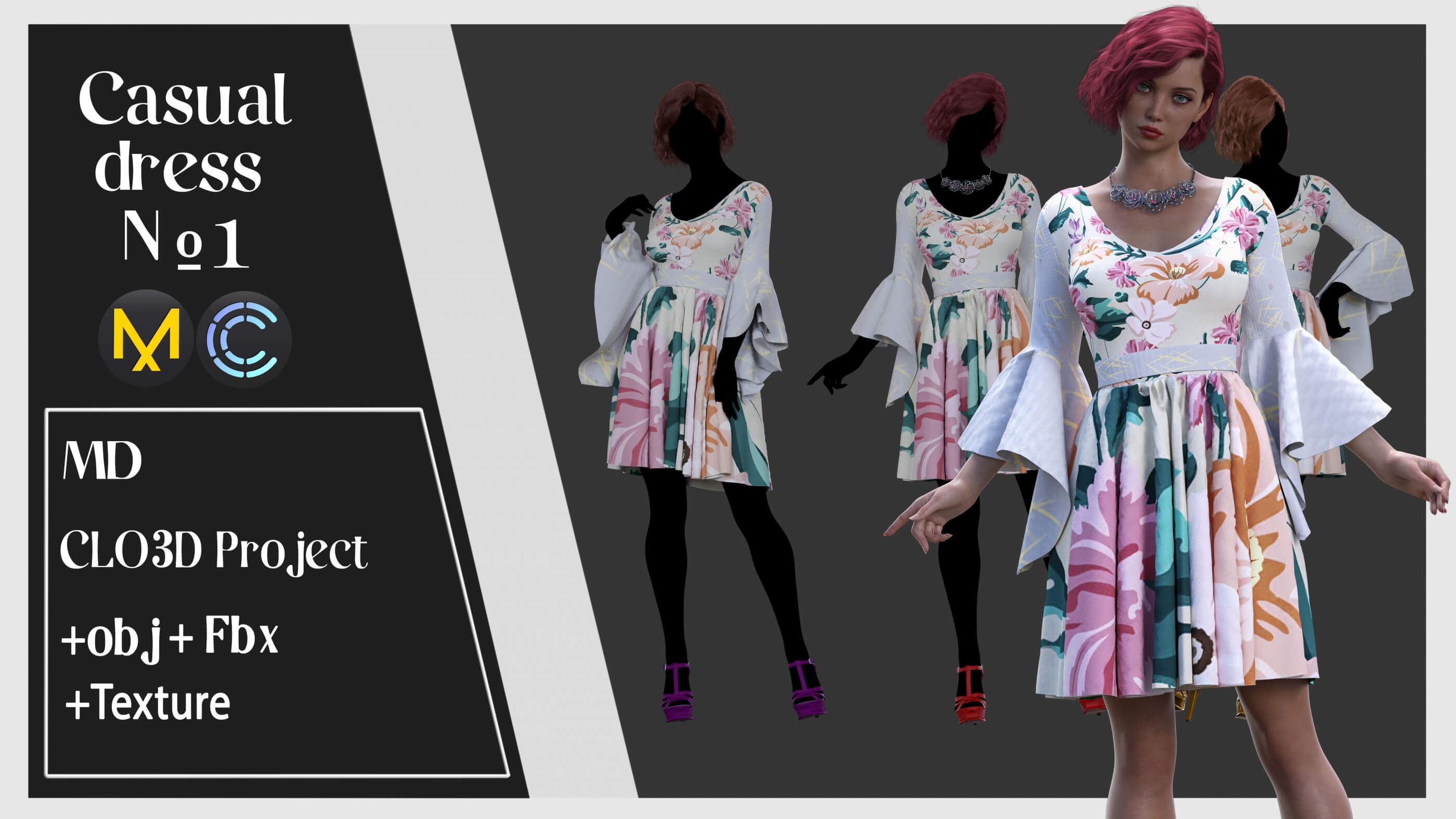 Female Casual Dress No.1 Marvelous Designer,Clo3D,OBJ,FBX - 3D Model by ...