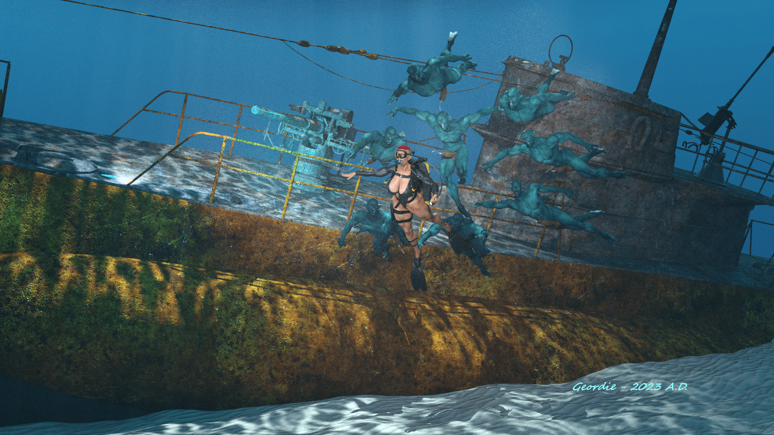 Mermen on the Hunt 1D 3D Render, Digital Art by Amazonlover08