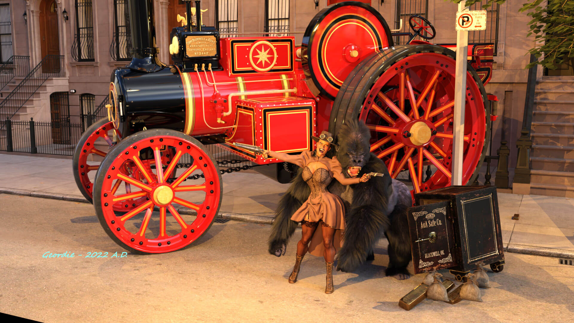 Professor Patricia T and Goral Robbing a Bank in Nyc 1898 3D Wallpaper