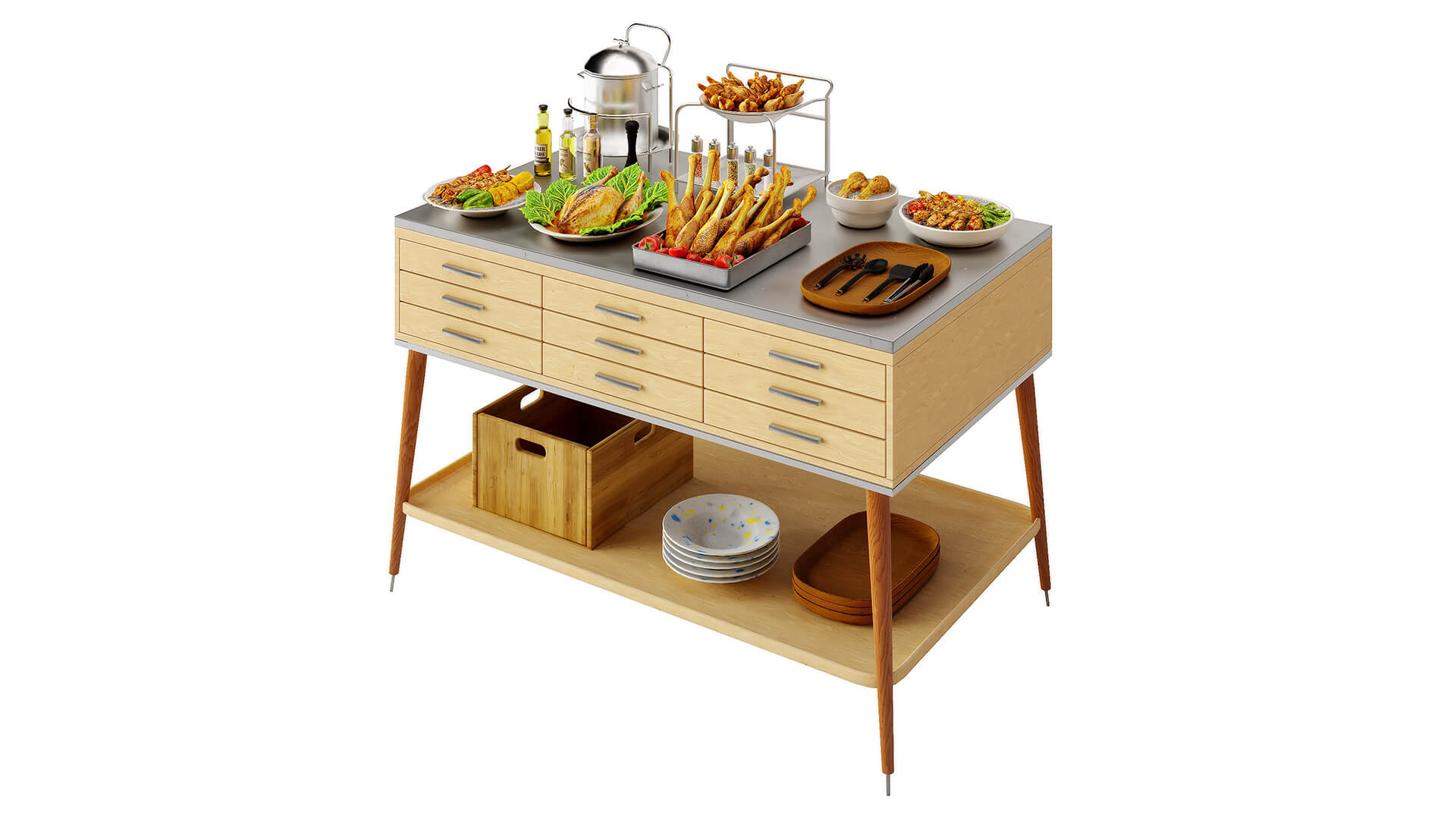 Food Serving Table With Poultry Dishes Low - 3D Model by Amistat