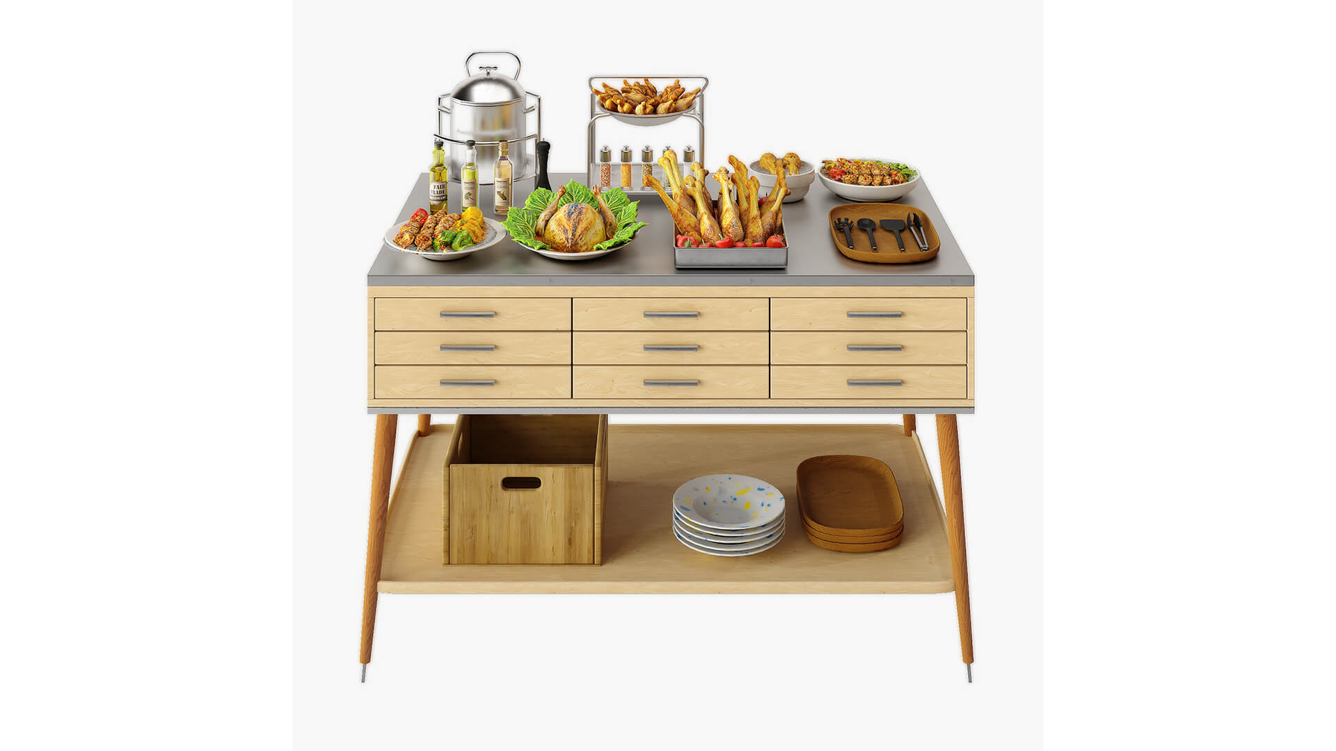 Food Serving Table With Poultry Dishes Low - 3D Model by Amistat