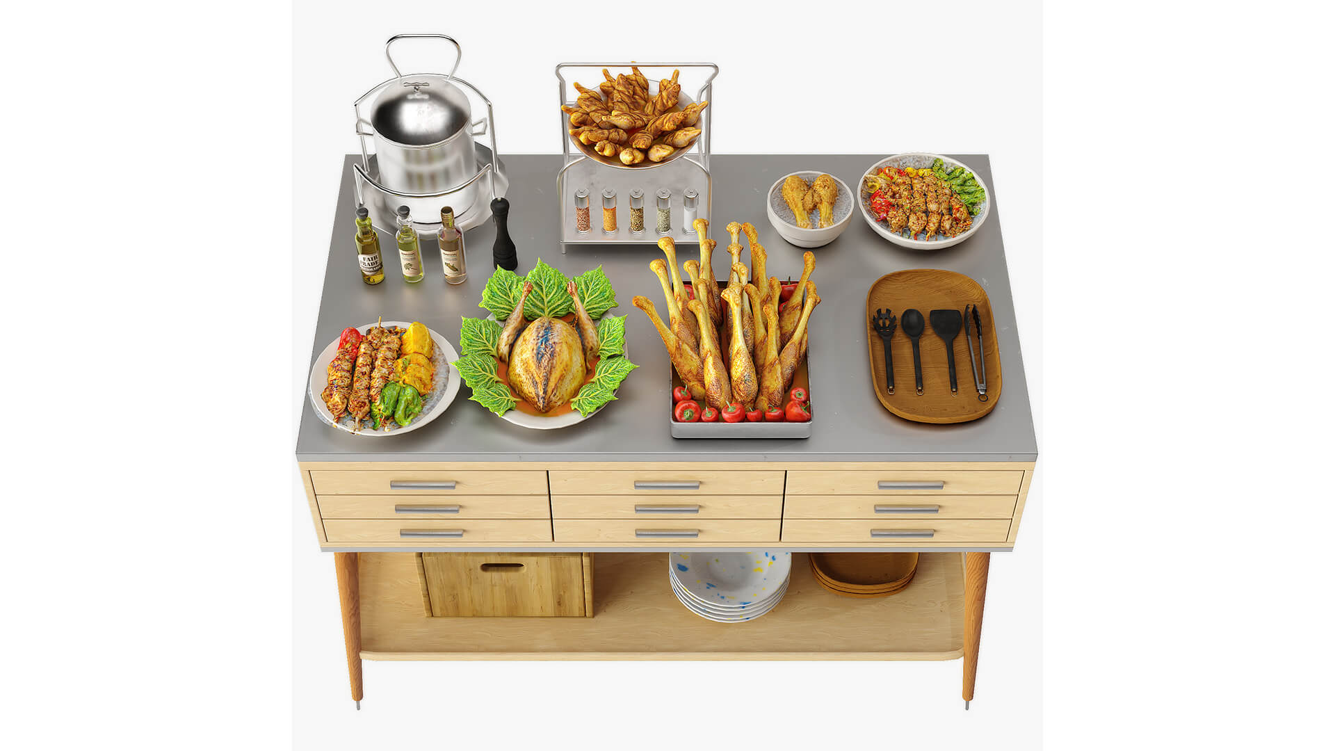 Food Serving Table With Poultry Dishes Low - 3D Model by Amistat