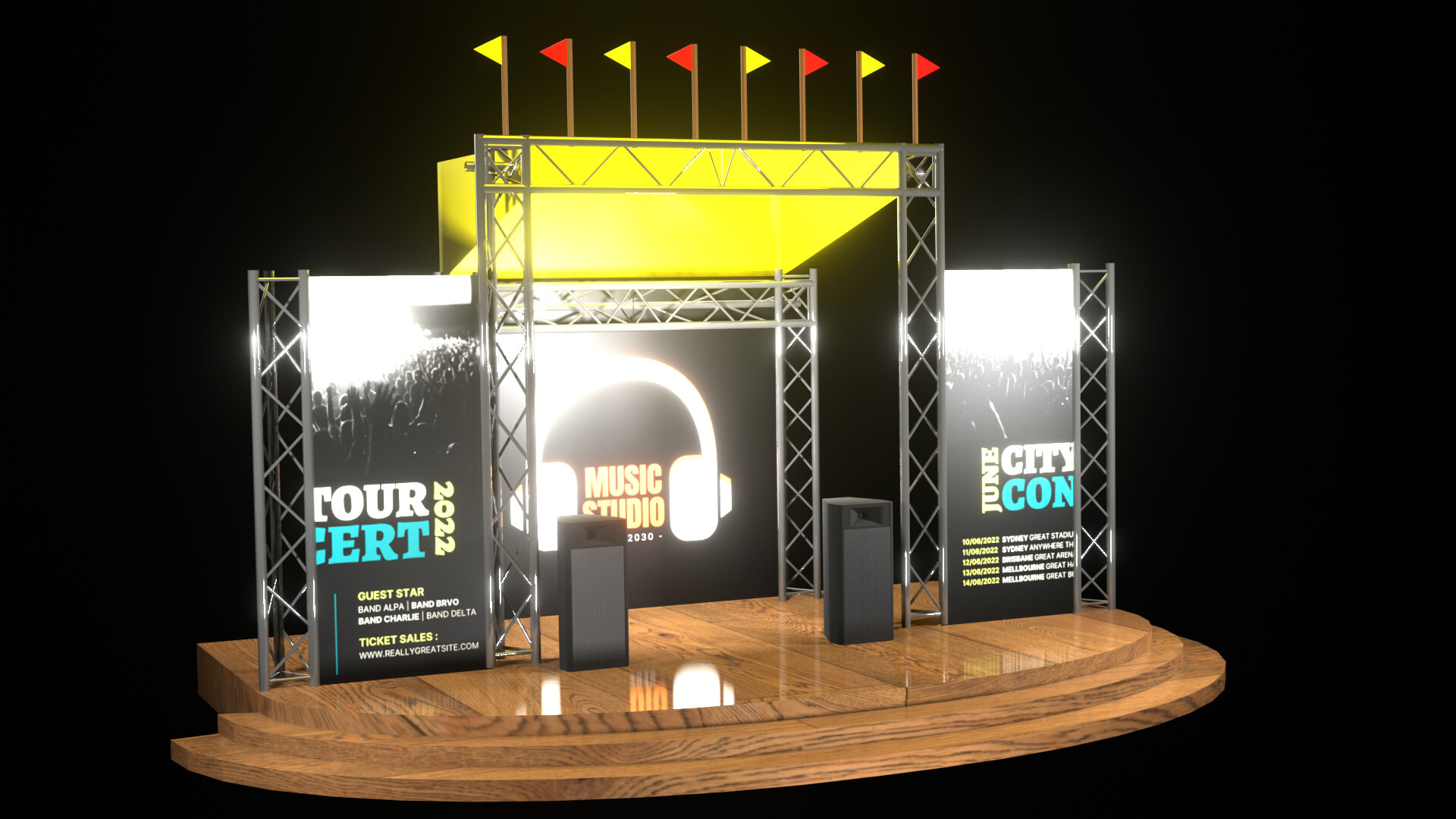 A Stage With Speakers and Signs - 3D Model by Annandakumar