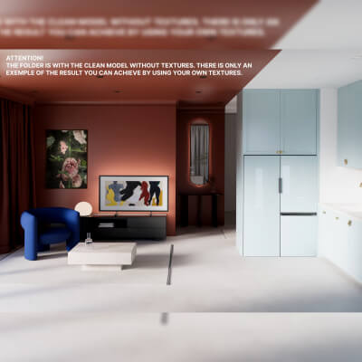 Living Room With Kitchen No Texture - 3D Model by annaoshedchenko