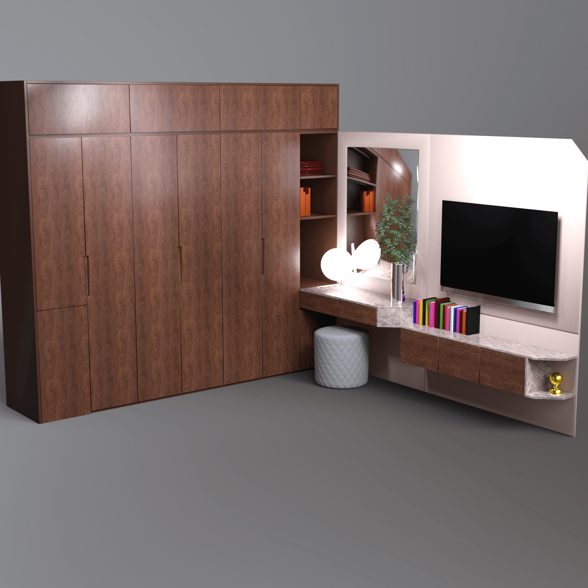 Luxury Wardrobe With TV Wall 3D Render, Digital Art by AQ3D