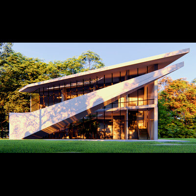 Futuristic Angular Architecture With Skylight and Greenery - 3D Model ...