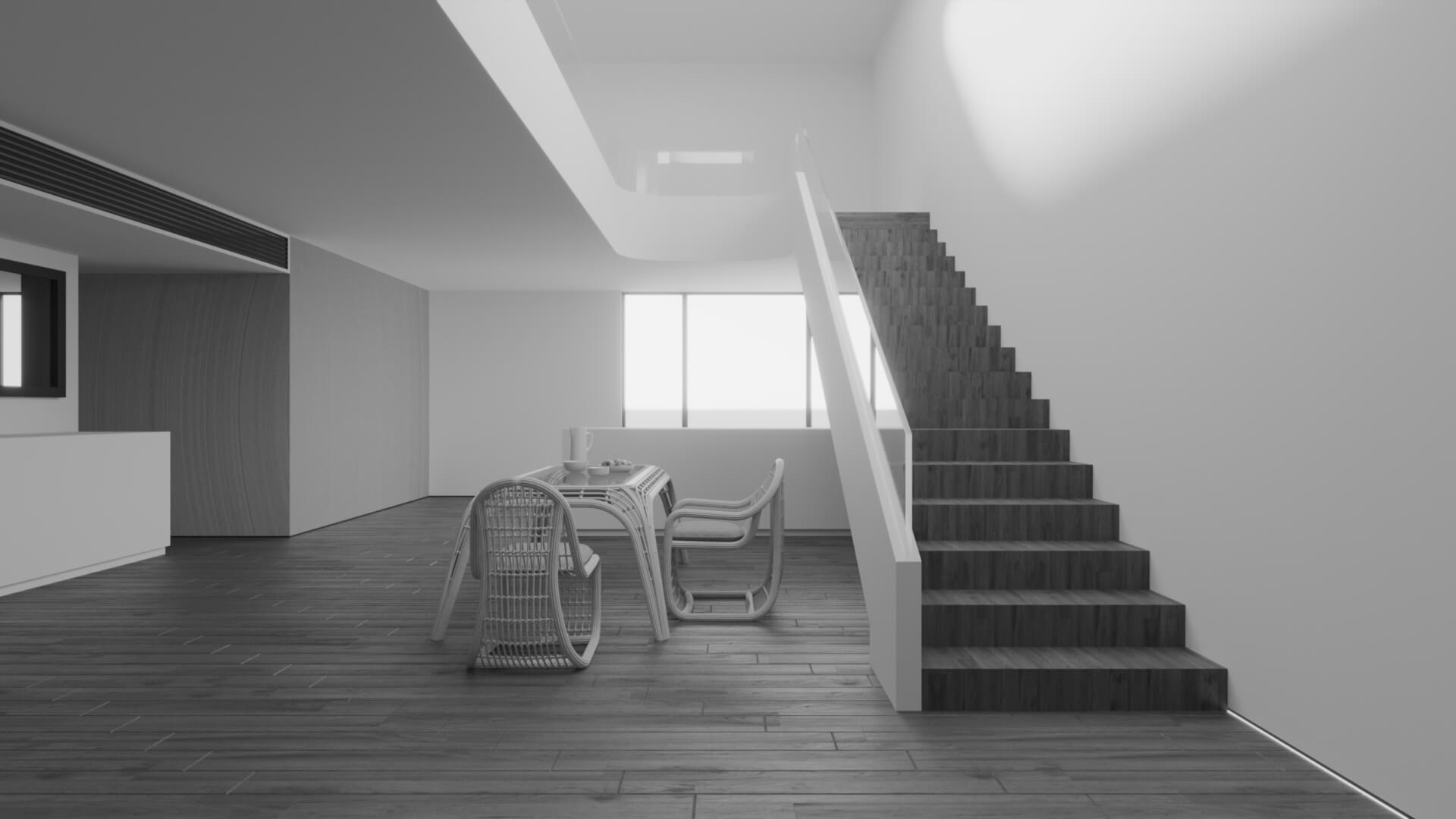 Modern Minimalist Interior Design With Wooden Staircase - 3D Model by ...