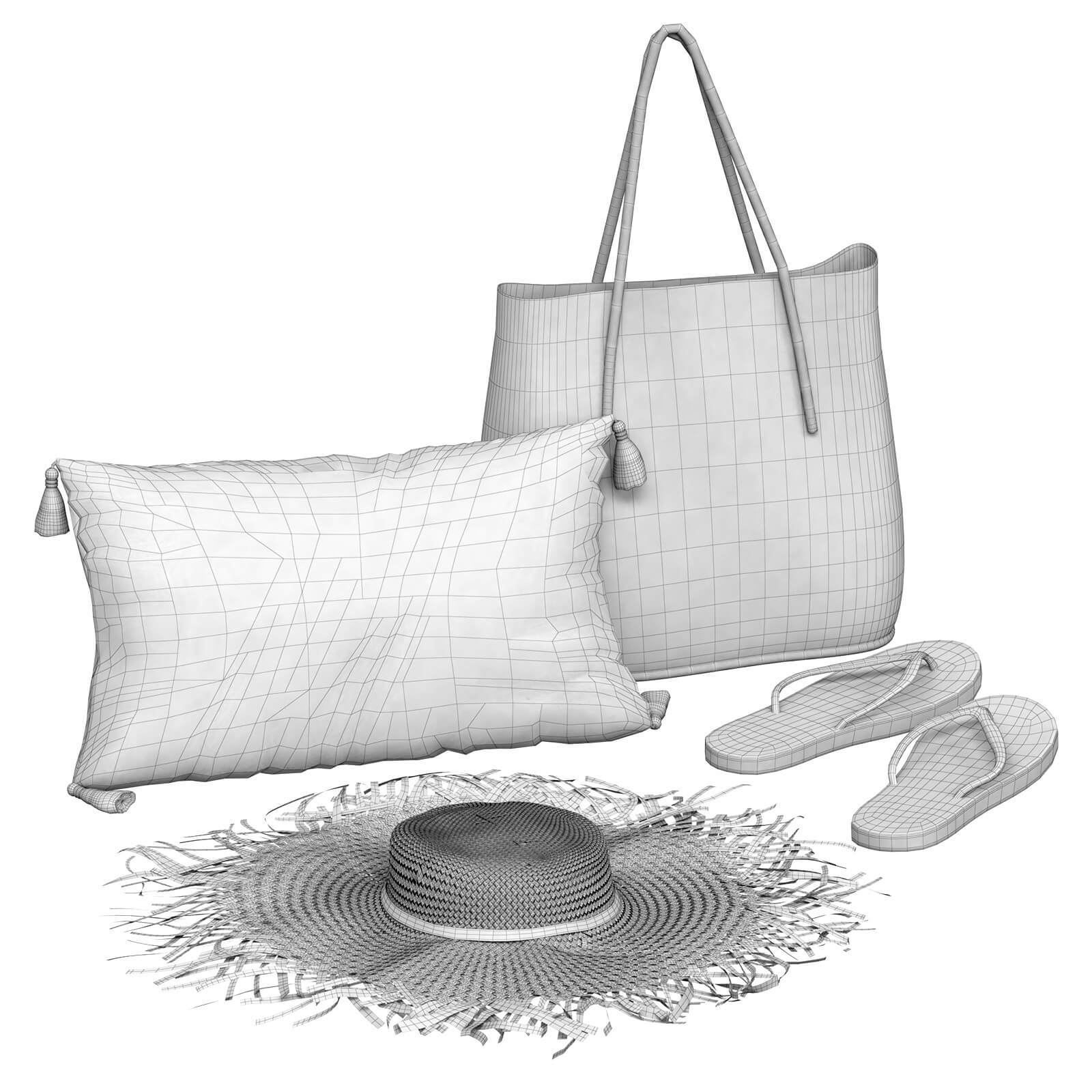 Boho Style Beach Accessory Set With Hat and Slippers - 3D Model by artpolka