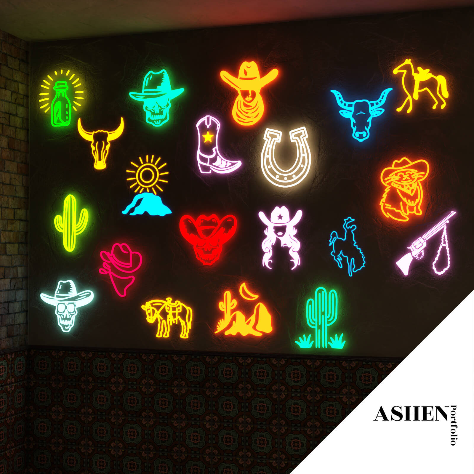 Cowboy Neon Sign Prop Pack - Daz Content by AshenPortfolio