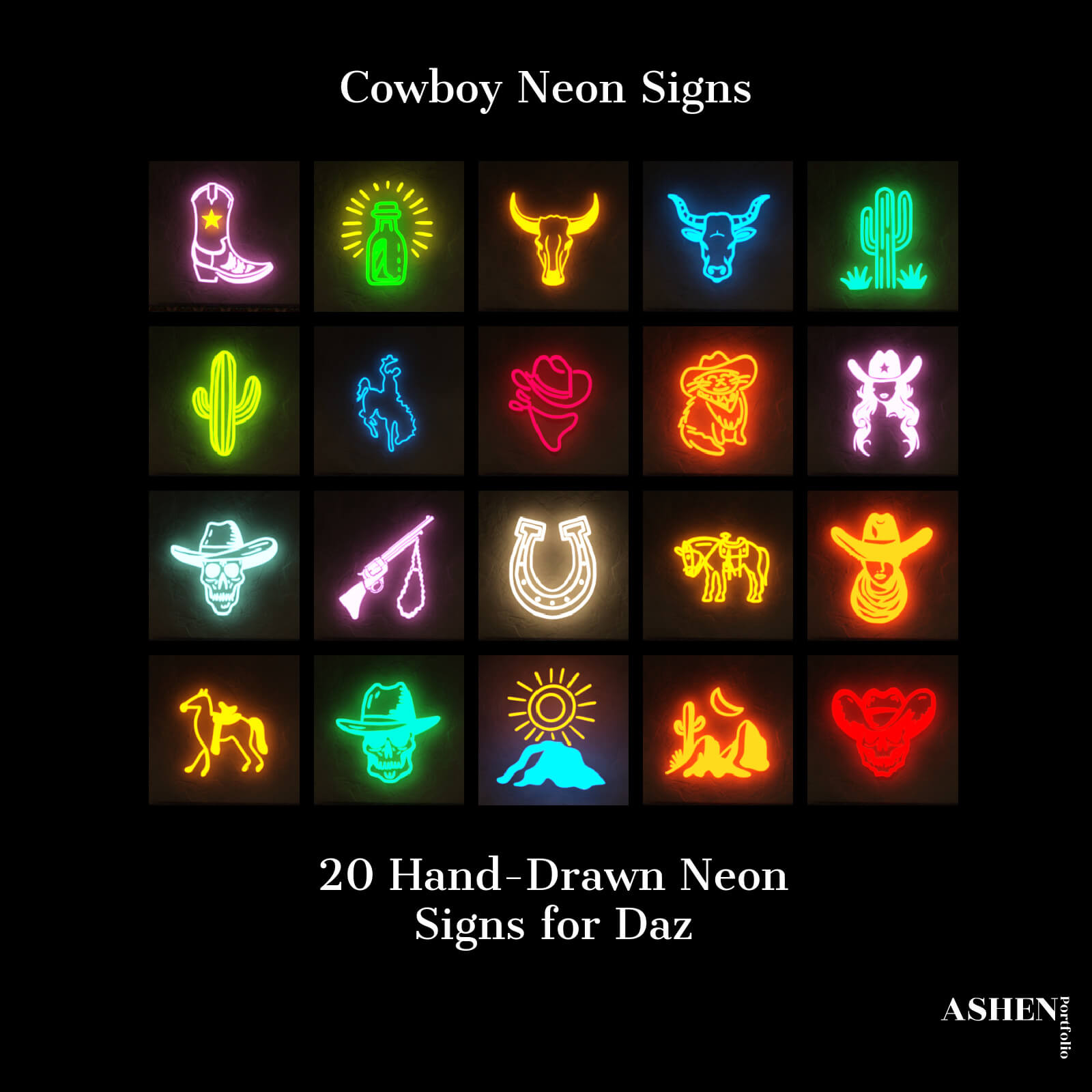 Cowboy Neon Sign Prop Pack - Daz Content by AshenPortfolio