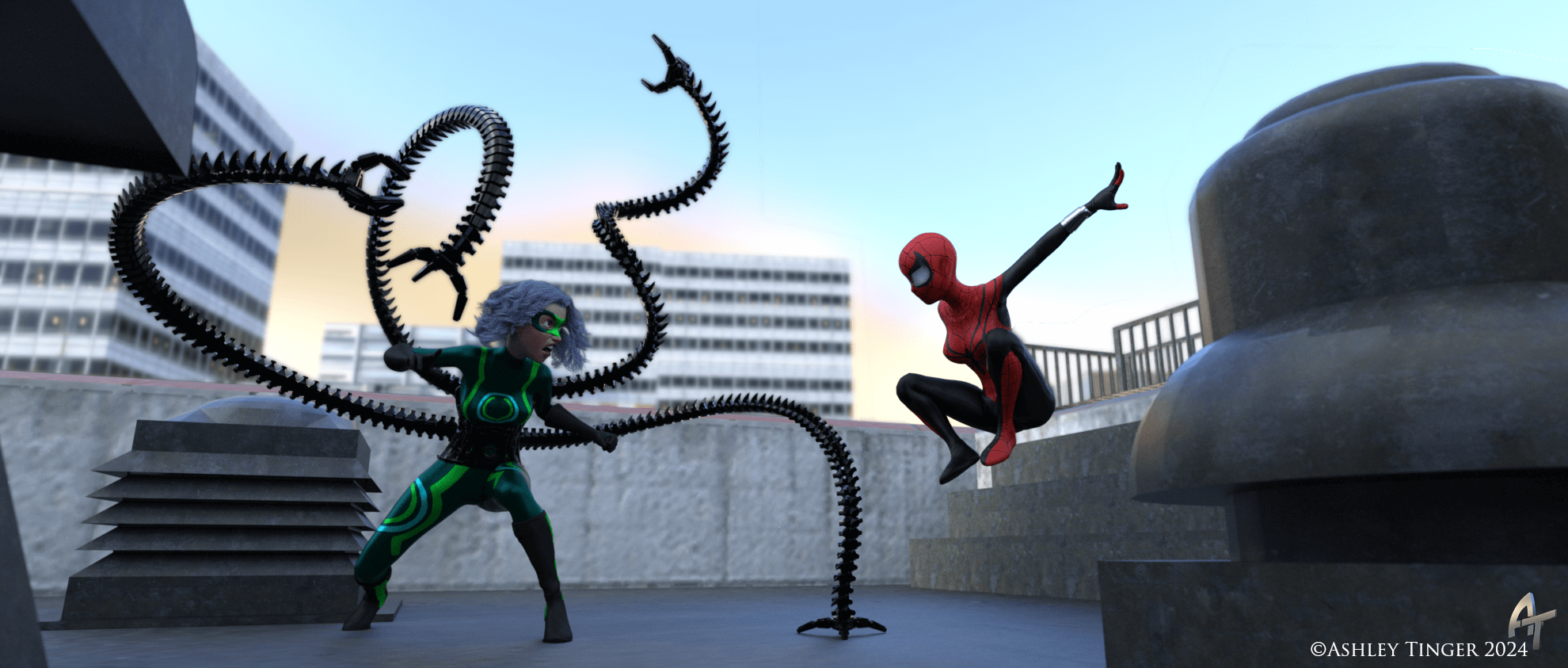 MC2 - Spider-Girl vs Lady Octopus 3D Render by ashleytinger