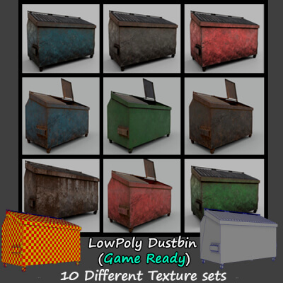 LowPoly Dustbin (Game Ready) with 10 Different Texture Set - 3D Model ...